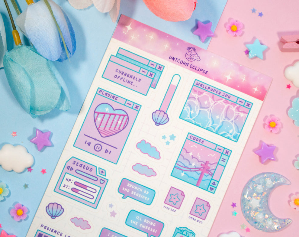 Blue Computer Aesthetic Sticker Sheet – Unicorn Eclipse